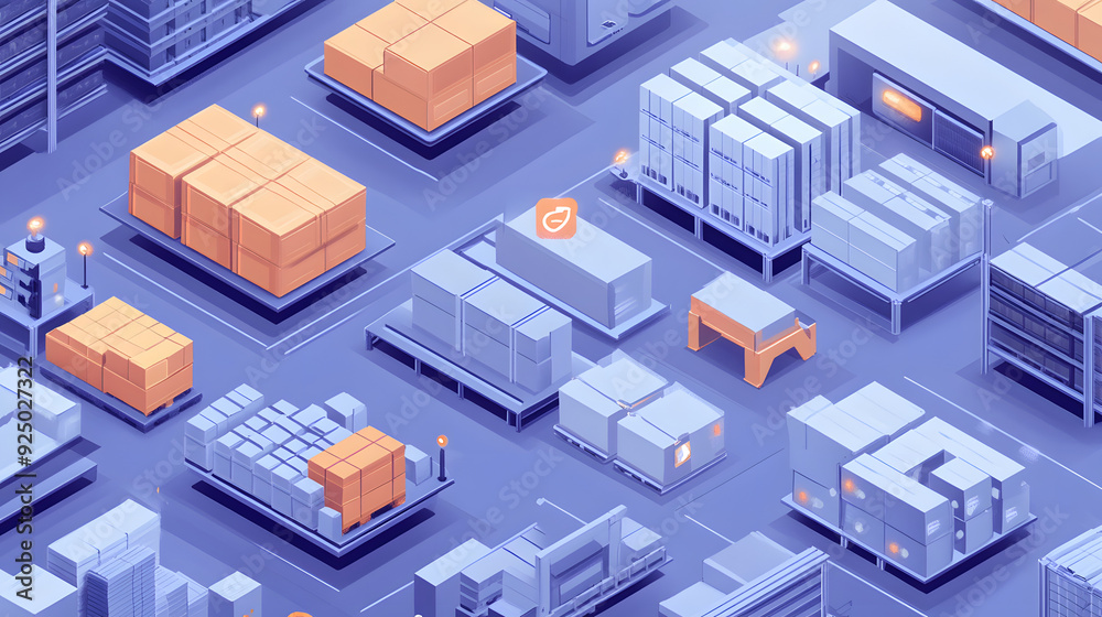 Isometric illustration of a smart warehouse management system featuring ...