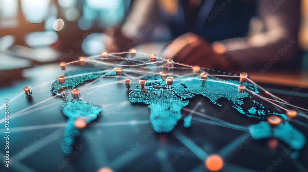 Digital representation of a world map with network connections ...