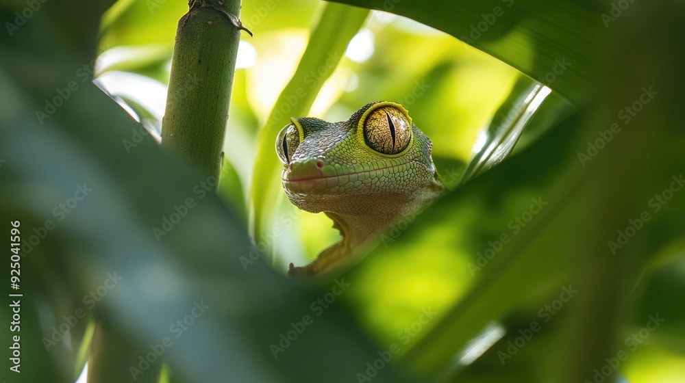 A gecko hiding among the leaves, its body blending seamlessly with the ...