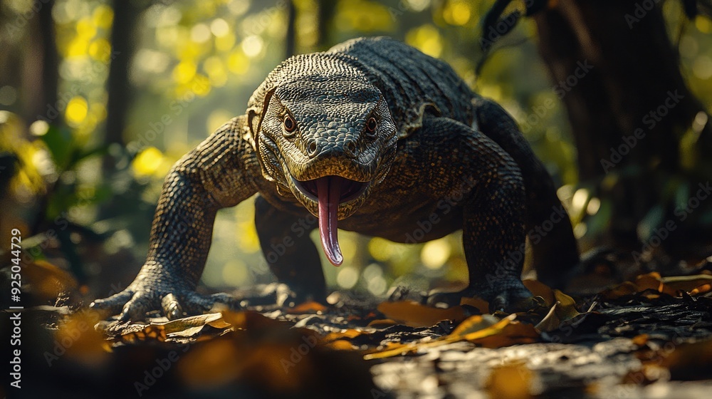 A monitor lizard walking through a forest, its tongue flicking and eyes ...