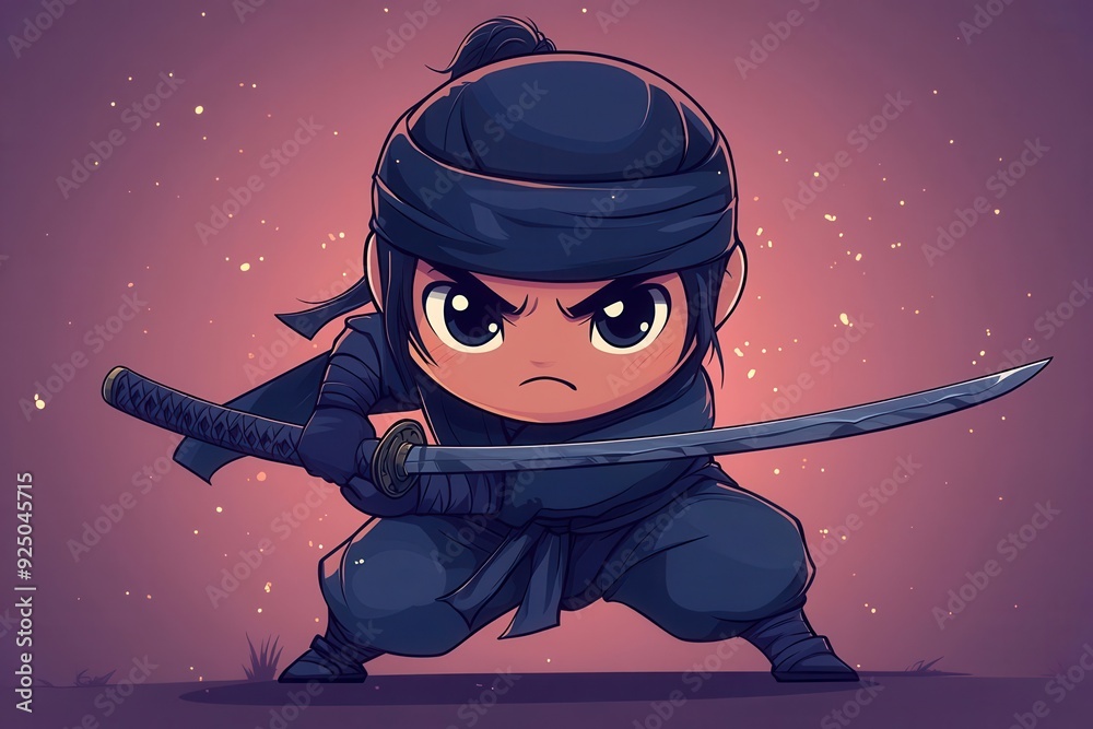 cute chibi ninja character in dynamic pose wielding katana with ...