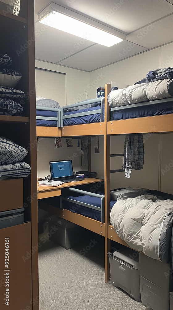 university dorm room for male students, featuring bunk beds and ...