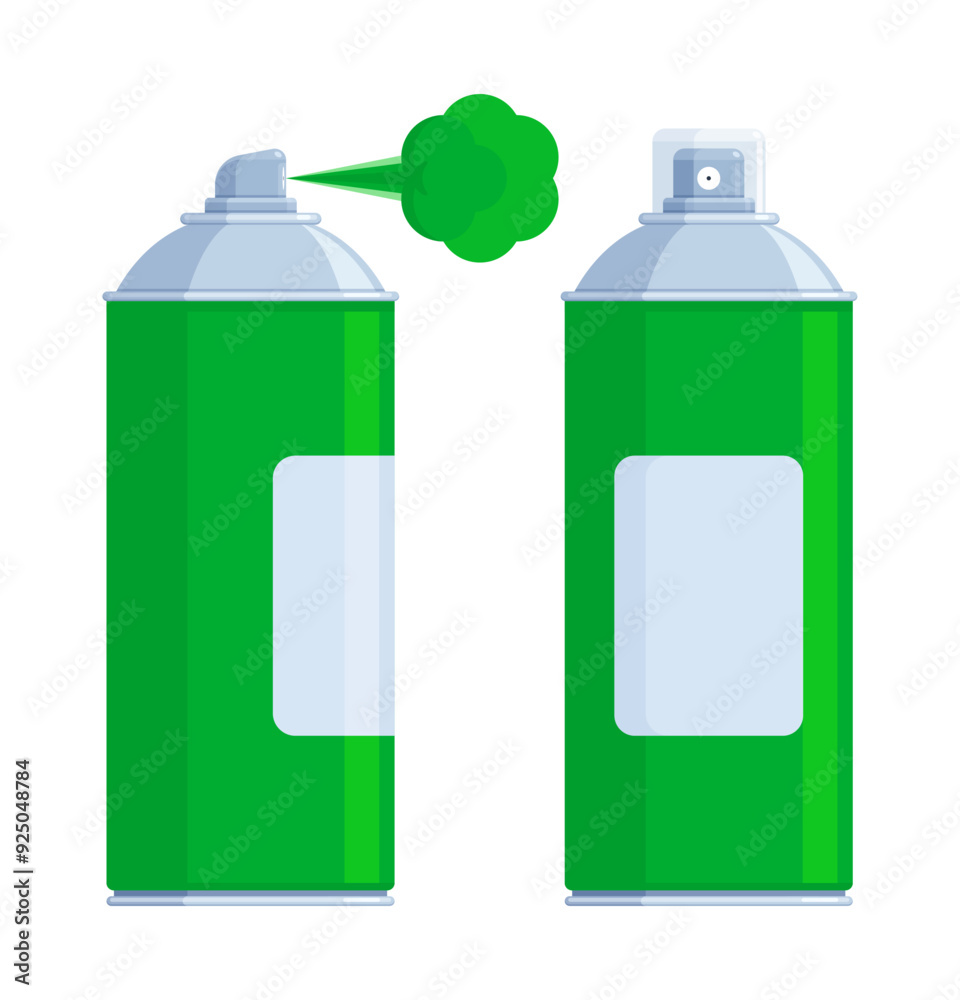 Set of dark green spray paint cans with silver caps, one spraying paint ...