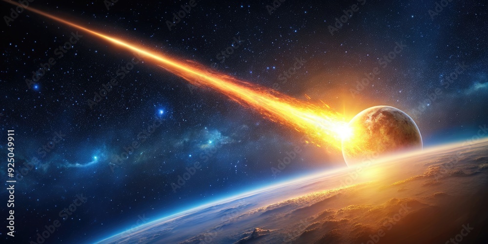 Realistic image of a space meteor with a fiery trail falling down ...