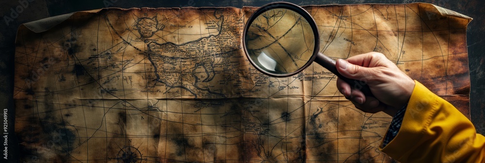 A hand holds a magnifying glass over an ancient map, focusing on ...