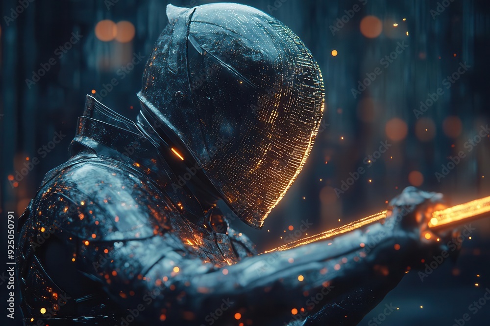 cybersecurity warrior in digital armor wielding a firewall shield and ...