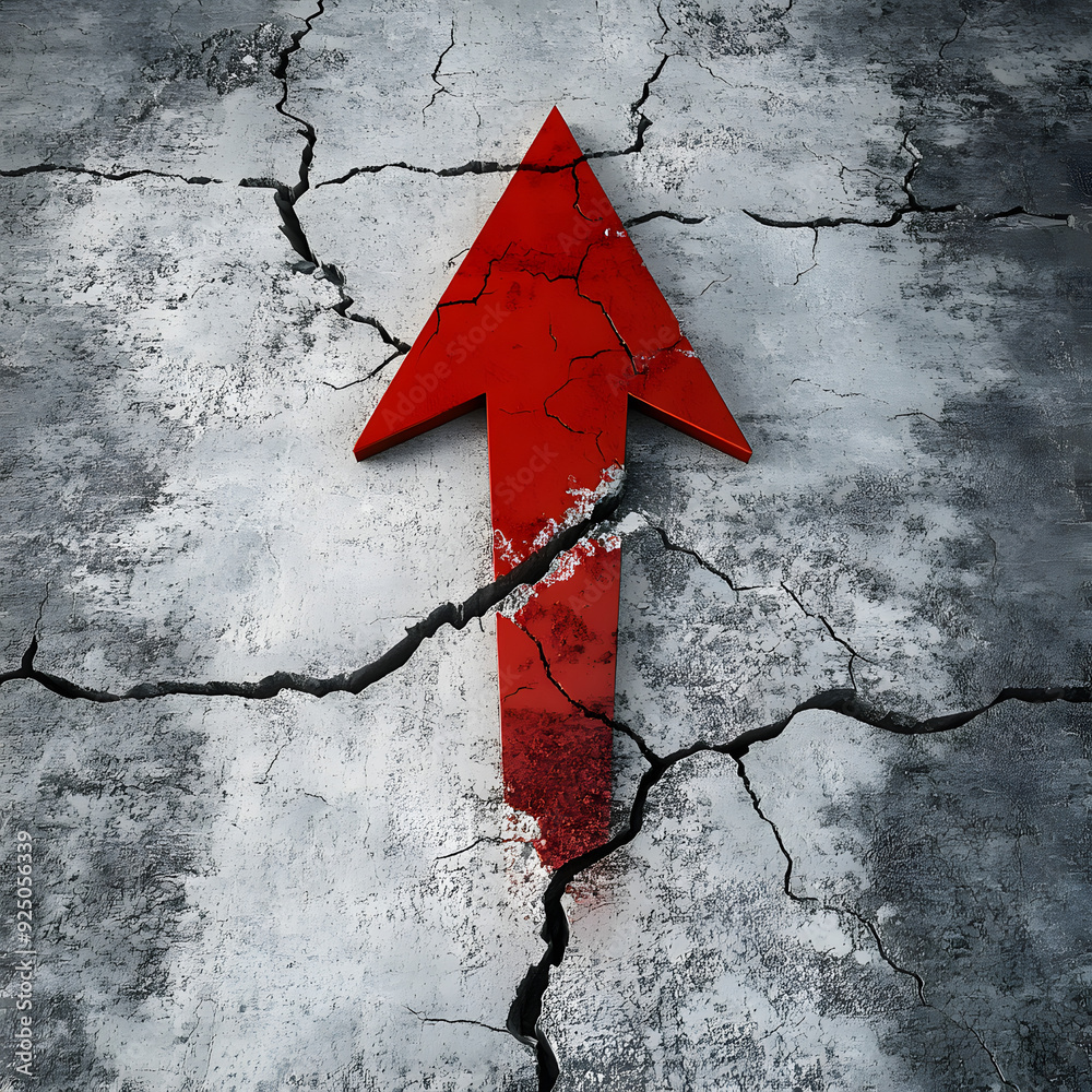 Red arrow pointing upward, breaking through concrete and splattered ...