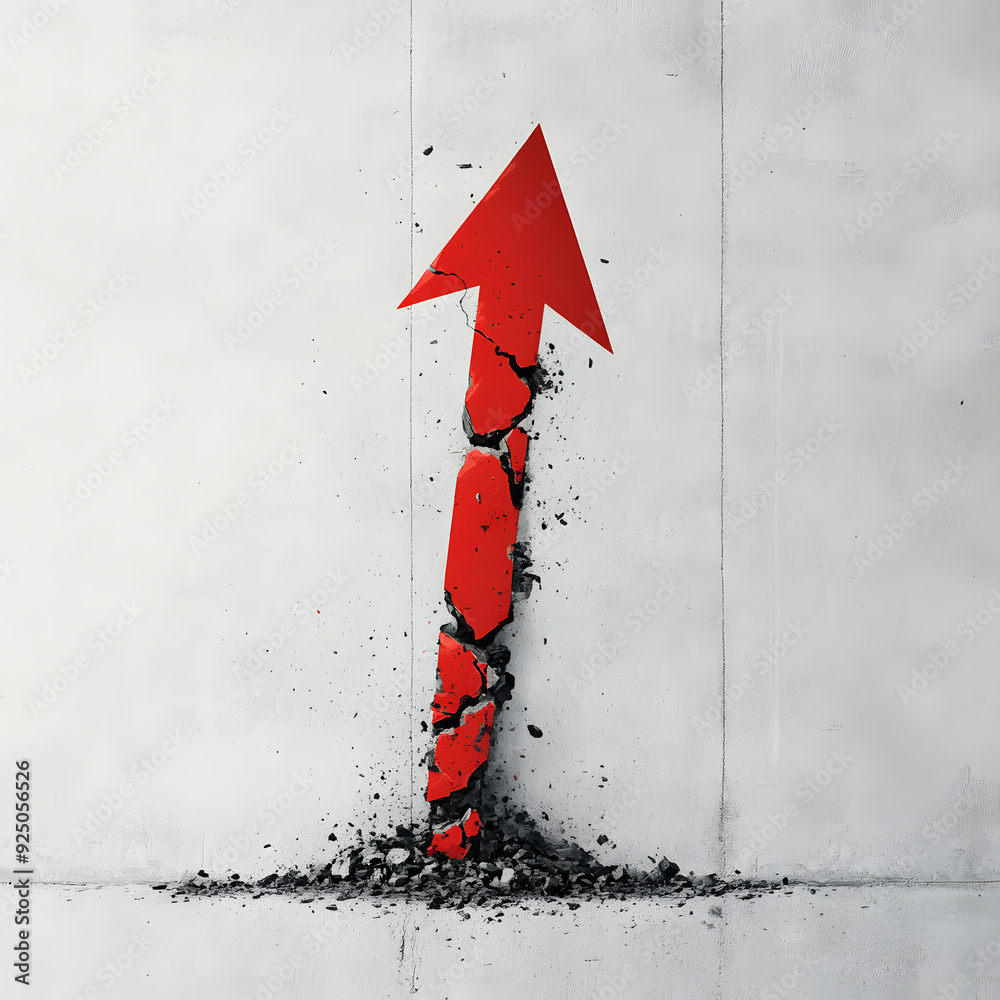 Red arrow pointing upward, breaking through concrete and splattered ...