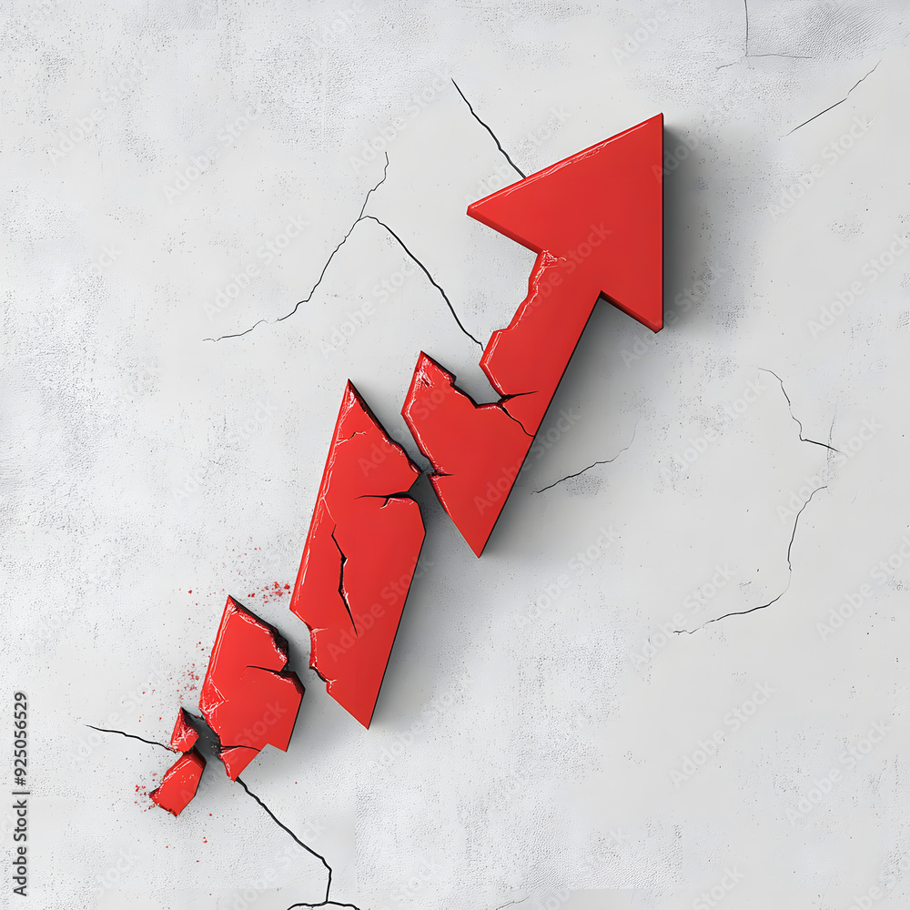 Red arrow pointing upward, breaking through concrete and splattered ...