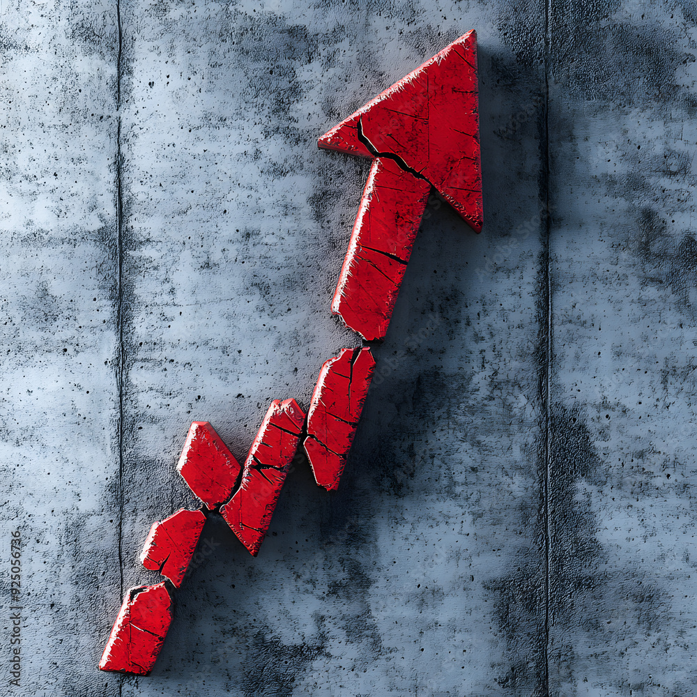 Red arrow pointing upward, breaking through concrete and splattered ...