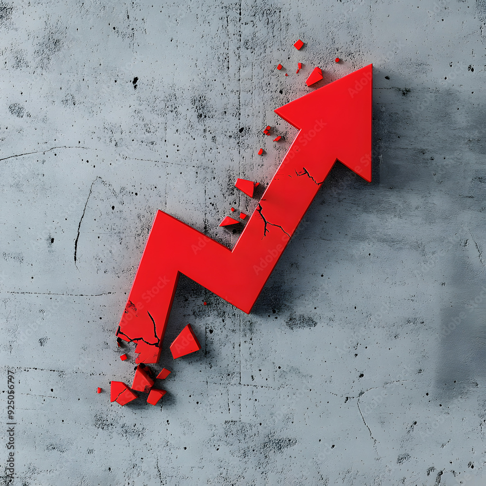 Red arrow pointing upward, breaking through concrete and splattered ...