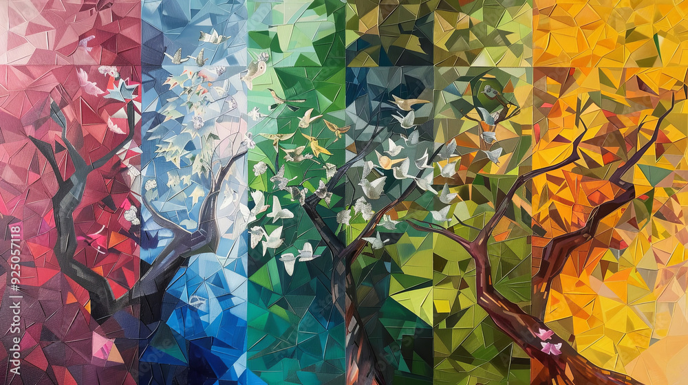Colorful abstract representation of four seasons, featuring trees with ...