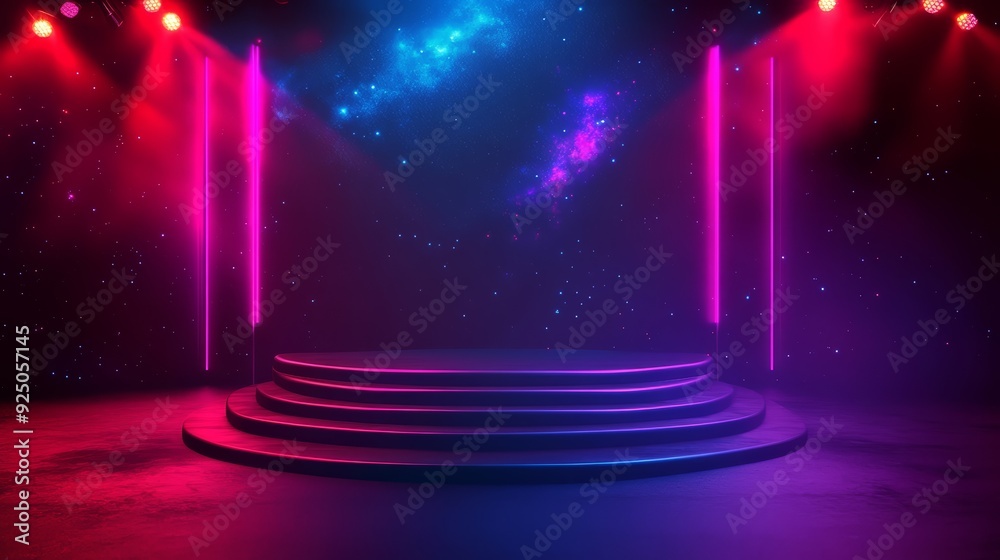 Empty podium stage in a dark black room with neon lights and spotlights ...