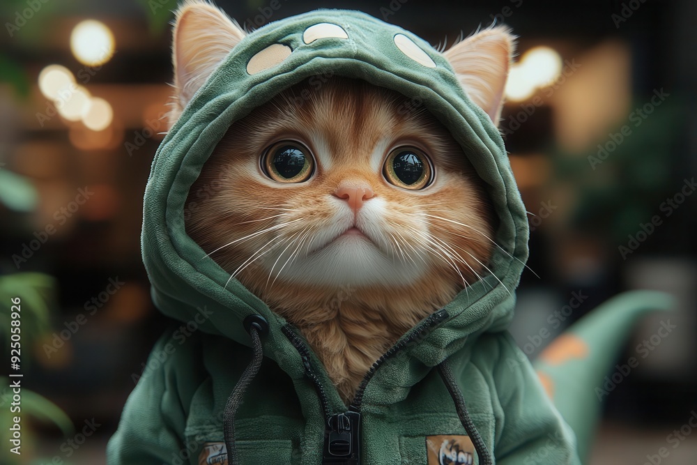 disgruntled anime cat reluctantly wearing an oversized green dinosaur ...