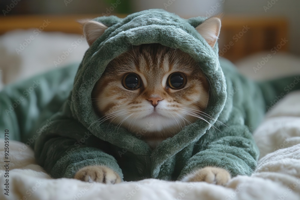 disgruntled anime cat reluctantly wearing an oversized green dinosaur ...