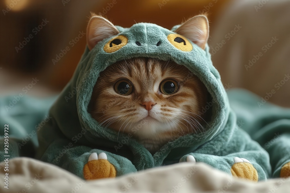 disgruntled anime cat reluctantly wearing an oversized green dinosaur ...