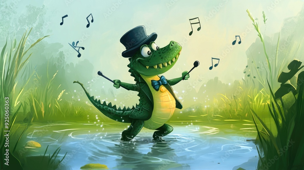 Cartoon alligator with a top hat and cane, dancing in a swamp with ...