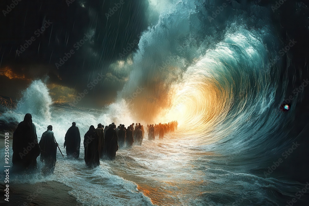 dramatic biblical scene moses parting the red sea swirling waters ...
