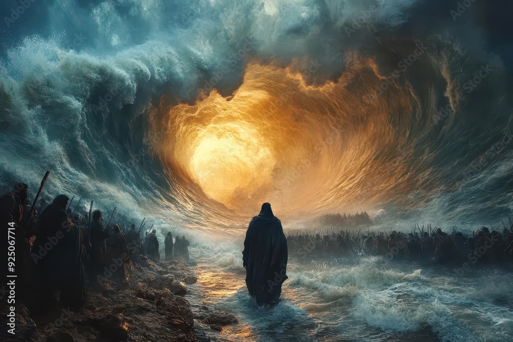 dramatic biblical scene moses parting the red sea swirling waters ...