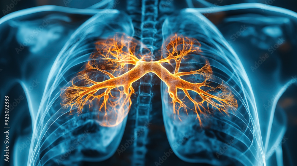 Digitally enhanced image of human lungs with glowing bronchi and ...