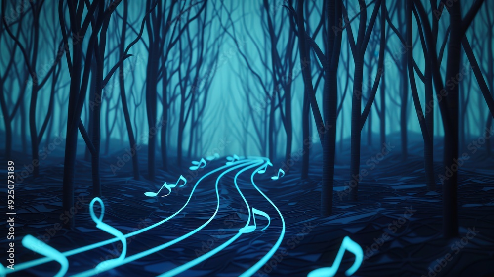 Luminous Melody in a Mystical Forest, vibrant music notes dance through ...
