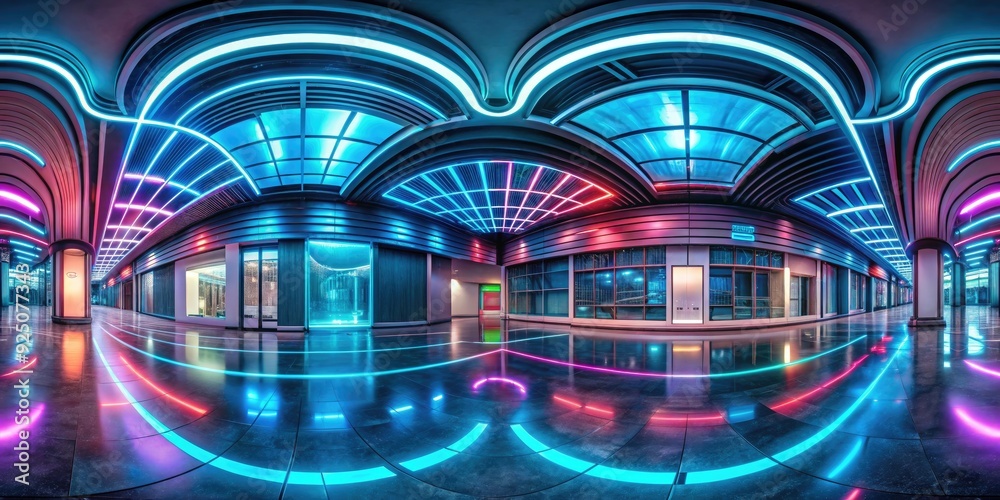 Futuristic building interior with neon lights HDRI panorama , render,VR ...