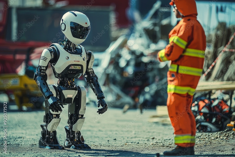 A humanoid robot working alongside human emergency responders in a ...