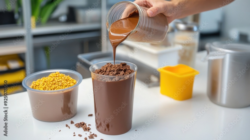 The final stages of chocolate making, where the cocoa is poured into ...