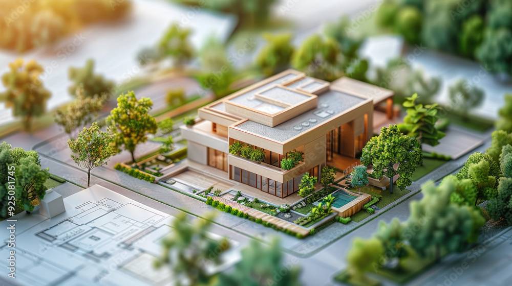 Architectural model showcasing modern house design with landscape plan ...