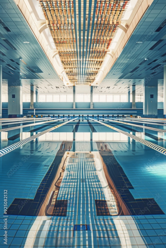 An empty Olympic swimming pool with lanes marked and starting blocks ...