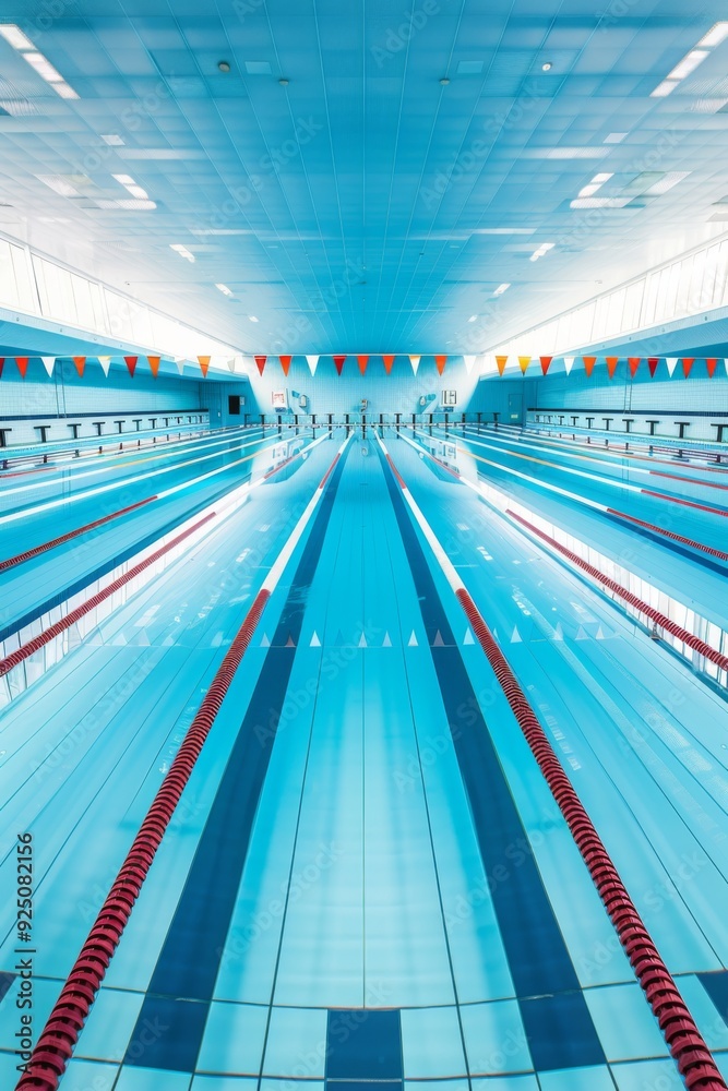 An empty Olympic swimming pool with marked lanes and starting blocks ...