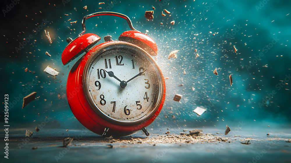 Dramatic and visually striking retro style alarm clock exploding with ...