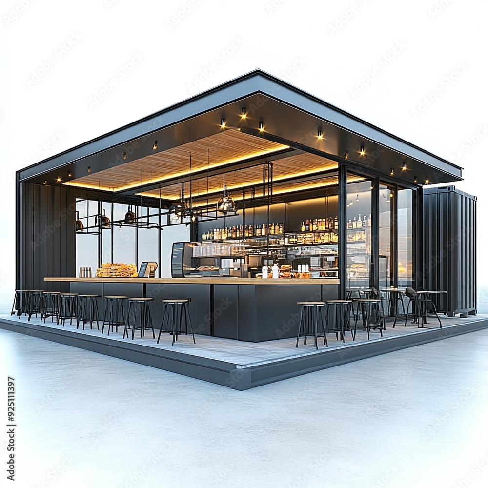 8k 3d rendering illustration container 40ft 40 feet of kiosk, cafe, bar ...