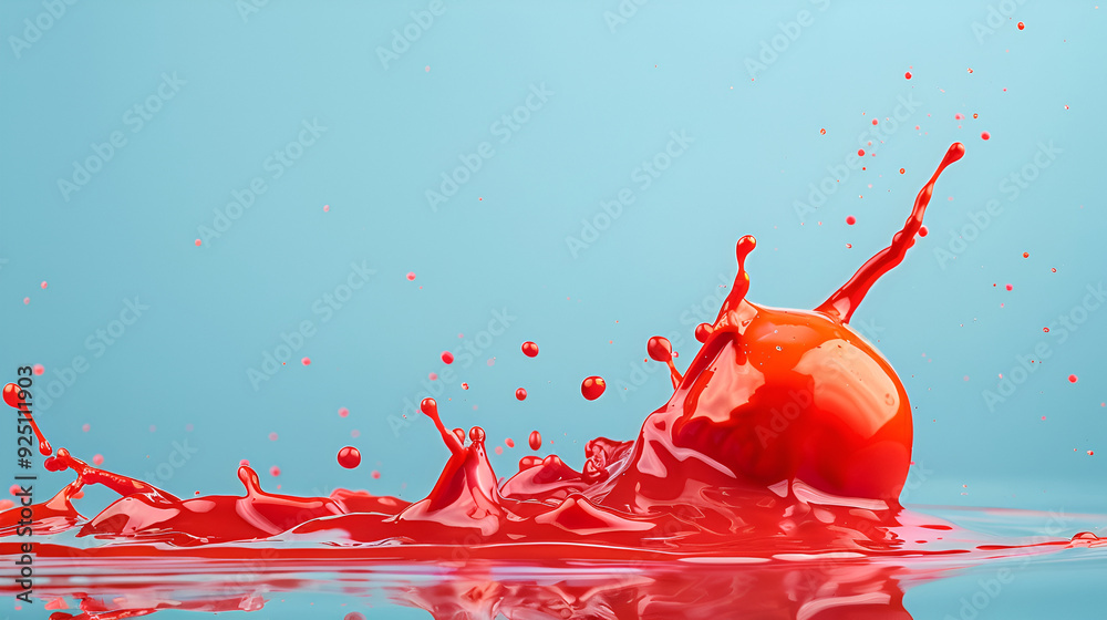 red ball covered with red color ,ball with red color splash on blue ...