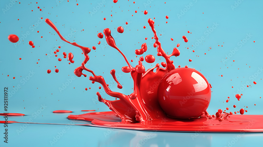 red ball covered with red color ,ball with red color splash on blue ...