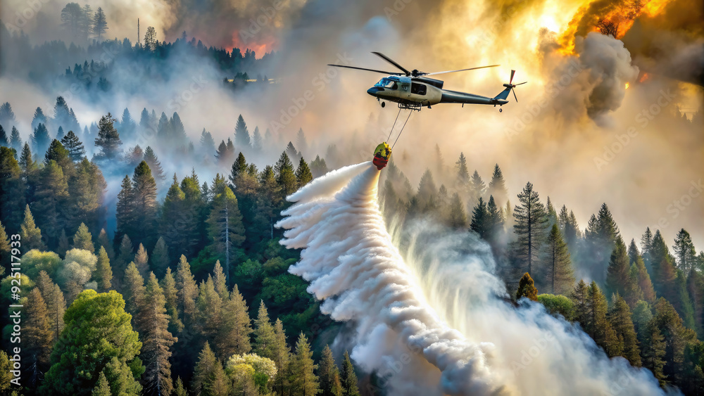 fire helicopter extinguishes a burning forest, rescue service, air ...