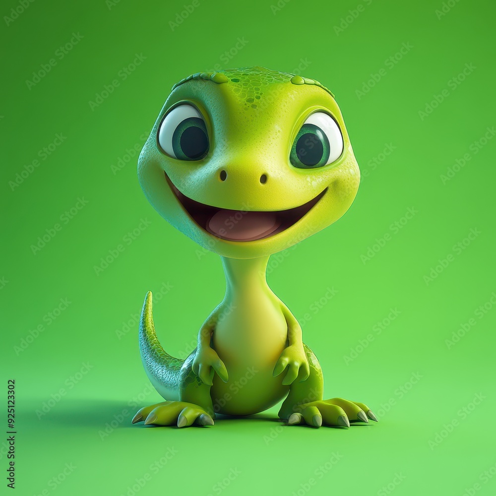Cute Green Lizard Cartoon Character with Big Eyes Smiling on Green ...
