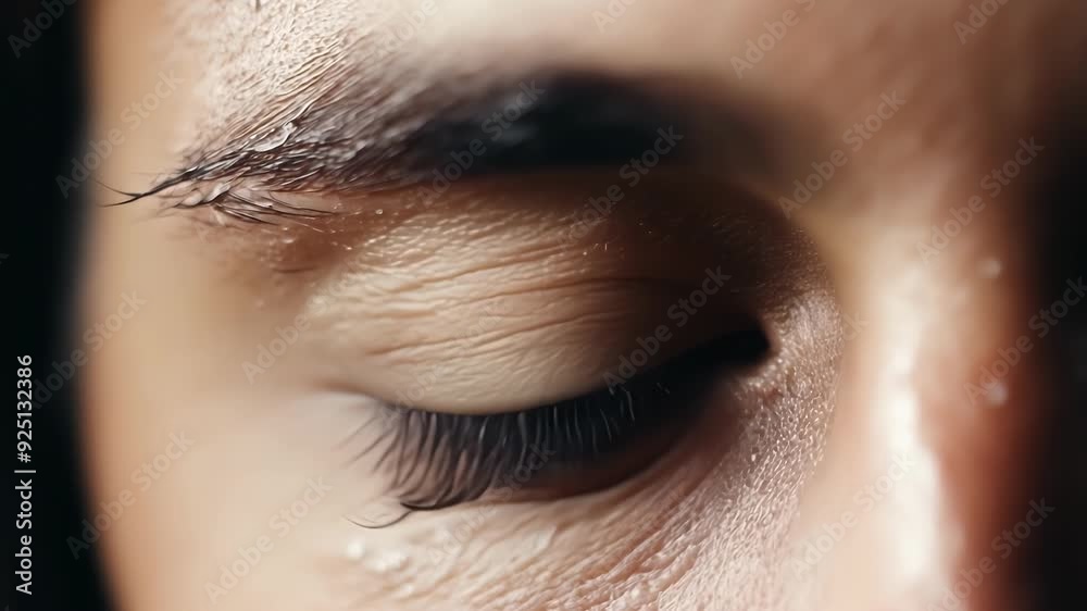Close up of a young man's face with sweat dripping down his forehead ...