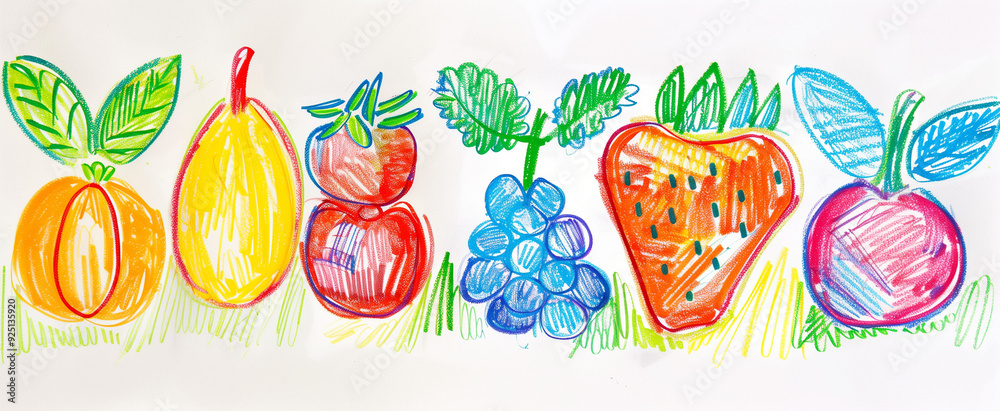 childs crayon drawing of fruits, scribble marks and pencil marks ...