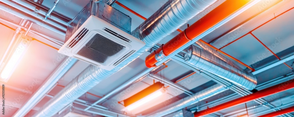 Modern industrial ceiling with HVAC system featuring ducts and lights ...