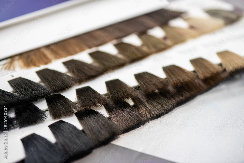 Set of hair samples with different natural color shade. Close-up of ...