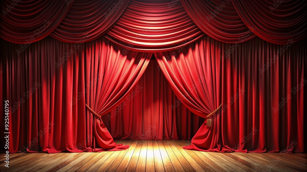 Vibrant red velvet curtain dramatically opens to reveal a bright ...