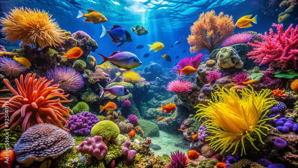 Vibrant sea creatures swim beside colorful coral reefs and seaweed at a ...