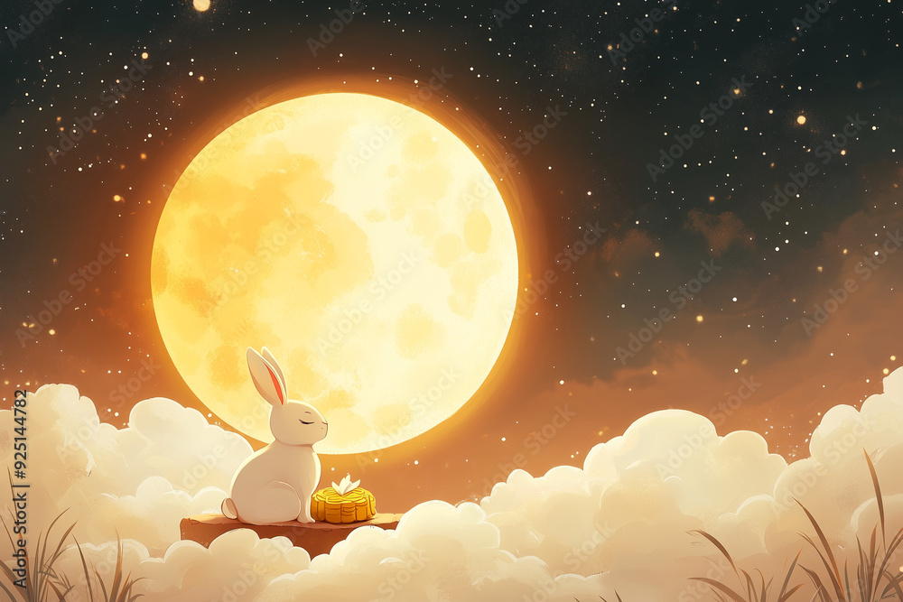 rabbit and moon, mid-autumn festival, cartoon style, flat illustration ...