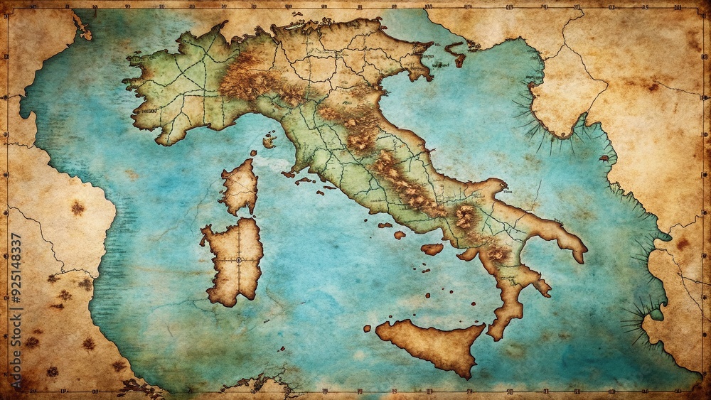 Vintage-style map of Italy with worn edges and faded colors, showcasing ...