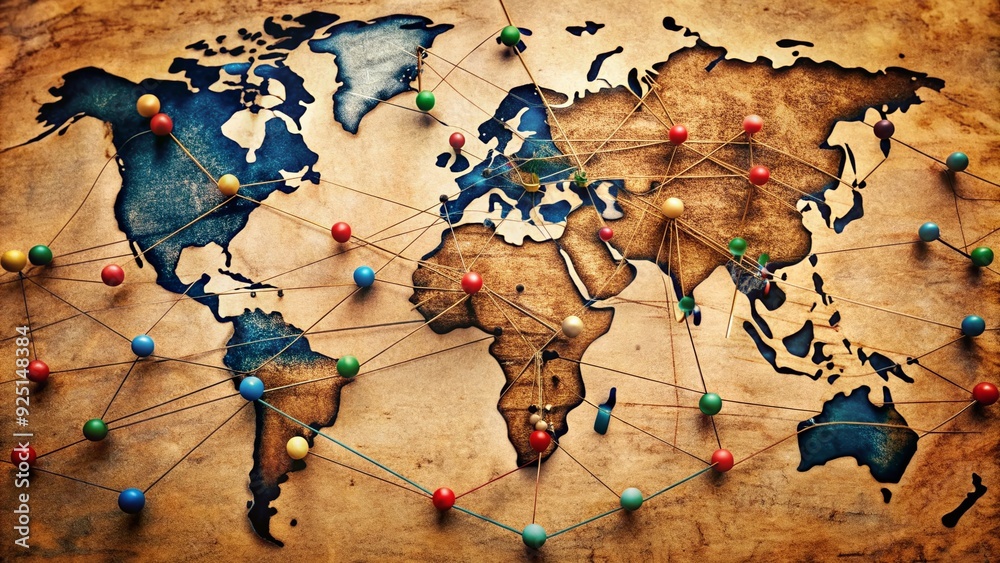 Vintage-style pushpins marking various destinations on a worn, creased ...