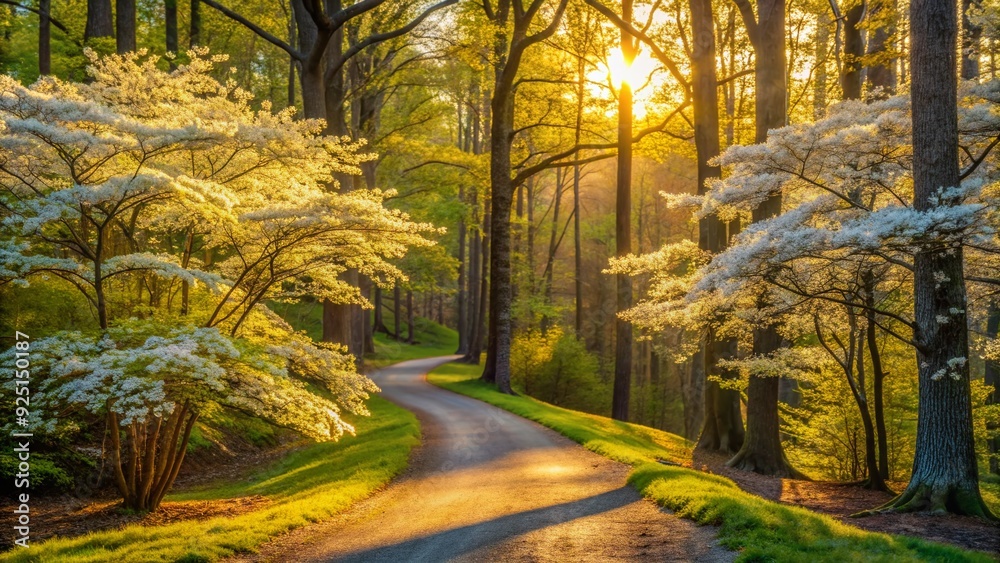 Warm sunlight casts a golden glow on blooming dogwood trees and lush ...