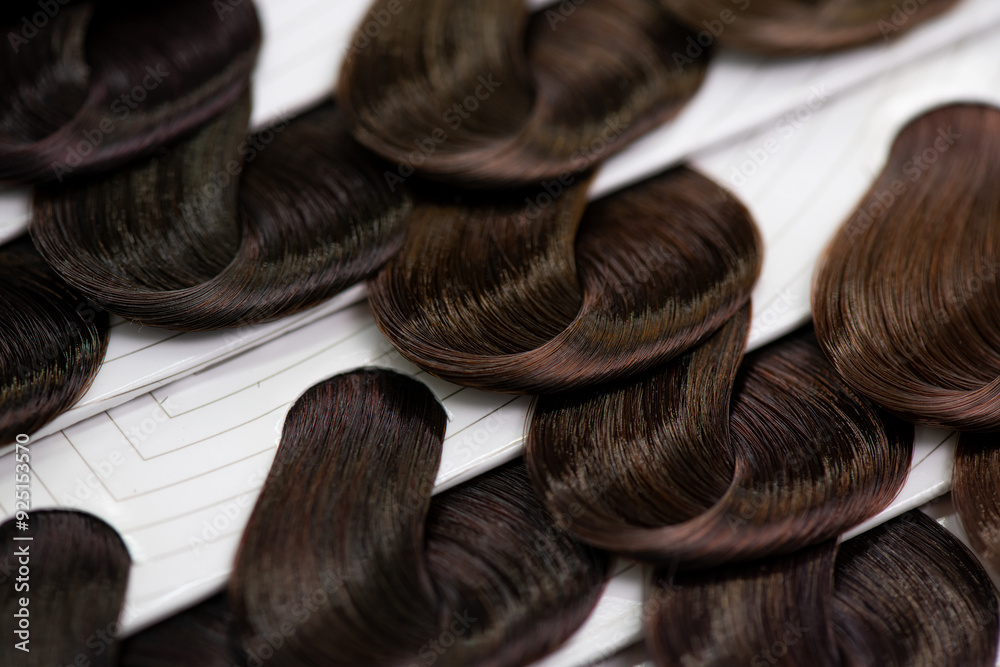 Set of hair samples with different natural color shade. Close-up of ...