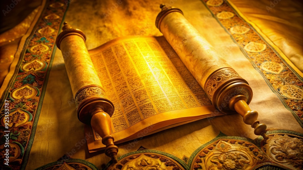 Yellowed parchment scroll with Hebrew text written in elegant ...