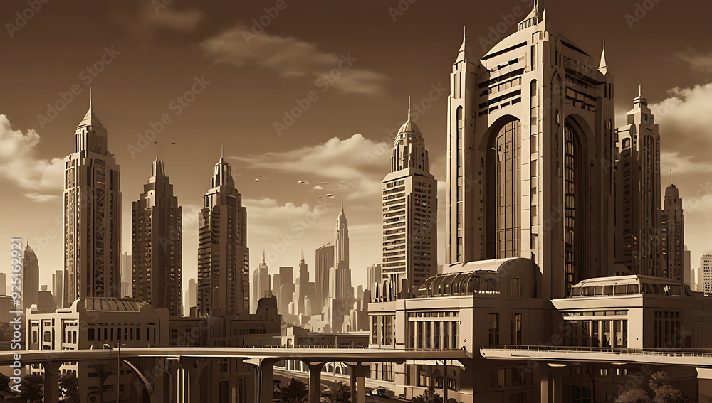 Retro futuristic vintage style steampunk city cityscape skyline sepia ...